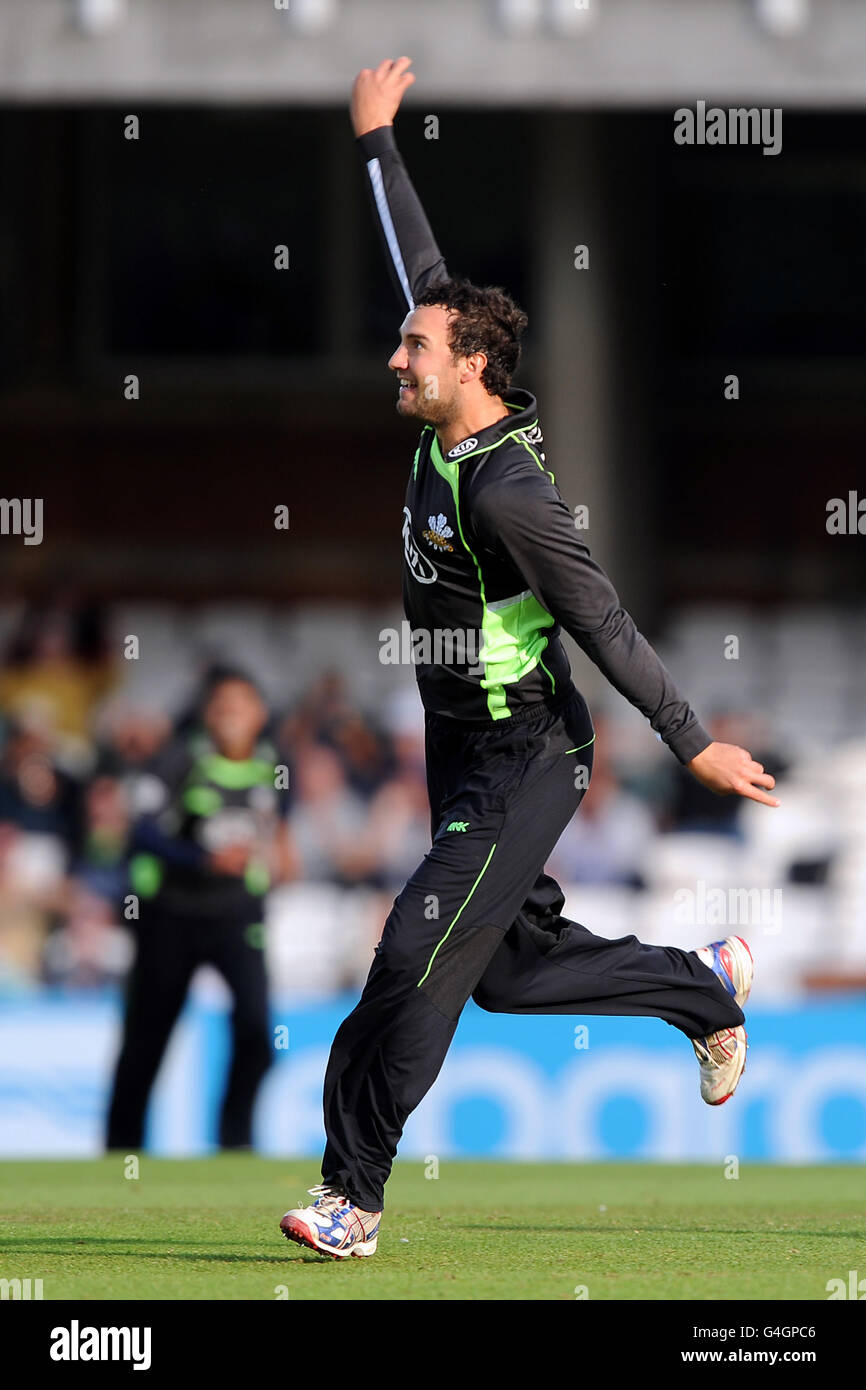 Surrey's Matthew Spriegel celebrates after his caught and bowled of ...