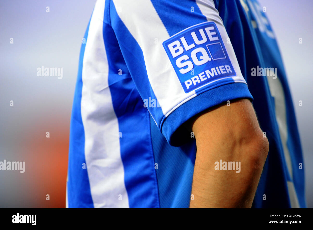 Blue Square Premier logo on the Stockport County shirt Stock Photo - Alamy