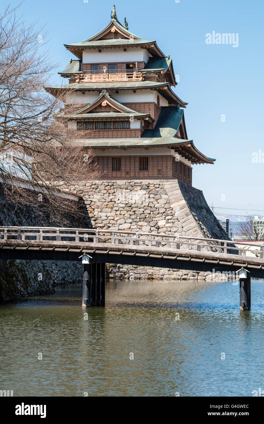 Japan, Suwa. Reconstructed Takashima castle. Kabukibashi wooden bridge ...