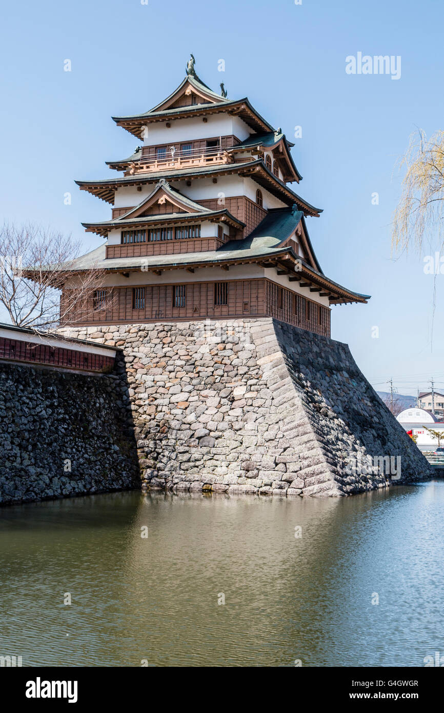 Japan, Suwa. Reconstructed Takashima castle with main keep on outer ...