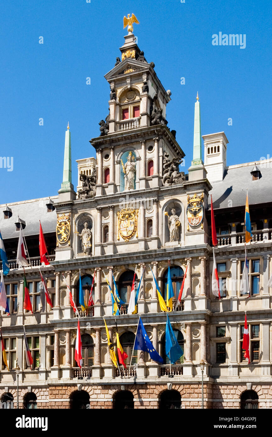 Front facade of city hall on Great Market Square in Antwerp, Flanders ...