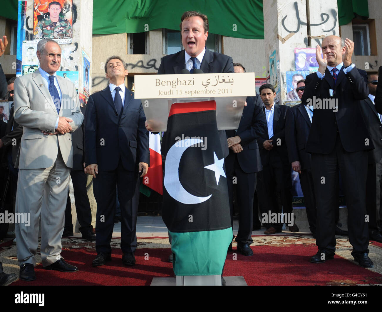 Prime Minister David Cameron addresses the crowds in Victory Square ...