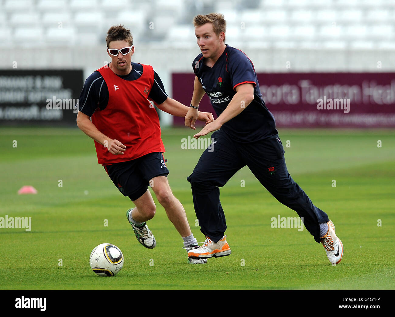 Lancashires steven croft right plays football during the warm up hi-res ...