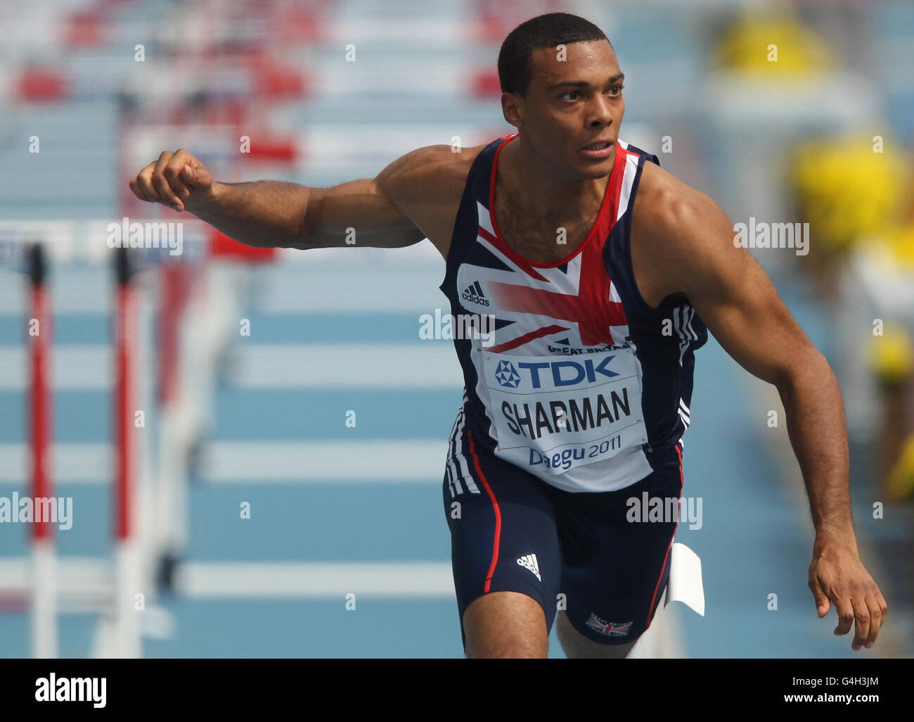 Great Britain's William Sharman competes in the men's 110metre hurdles ...