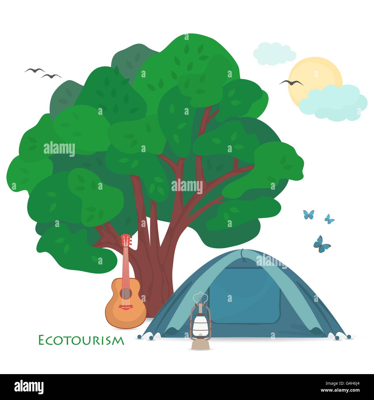 Tourism . Vector flat illustration . Camping stage under the tree Stock ...