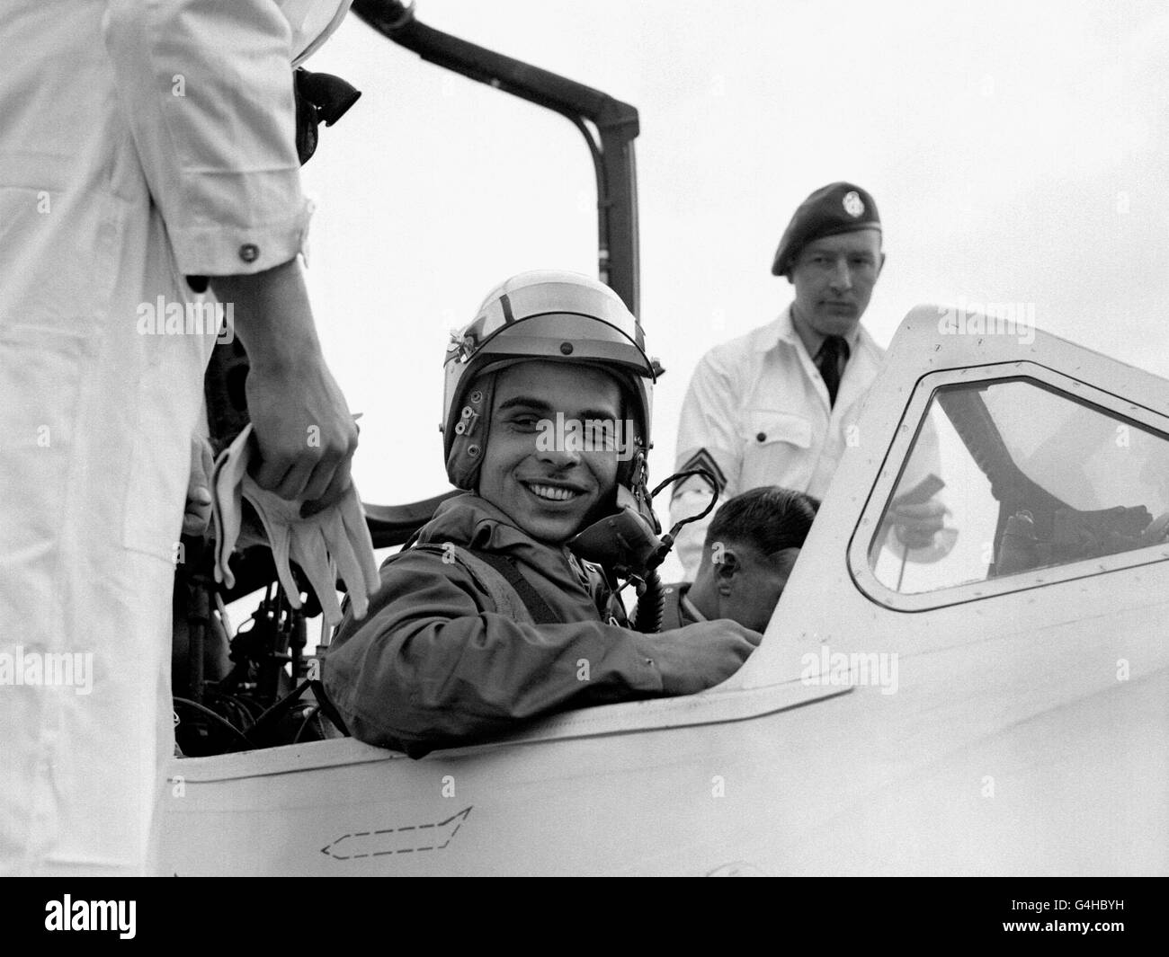 King Hussein of Jordan in the cockpit of a Vampire T.11 jet trainer ...