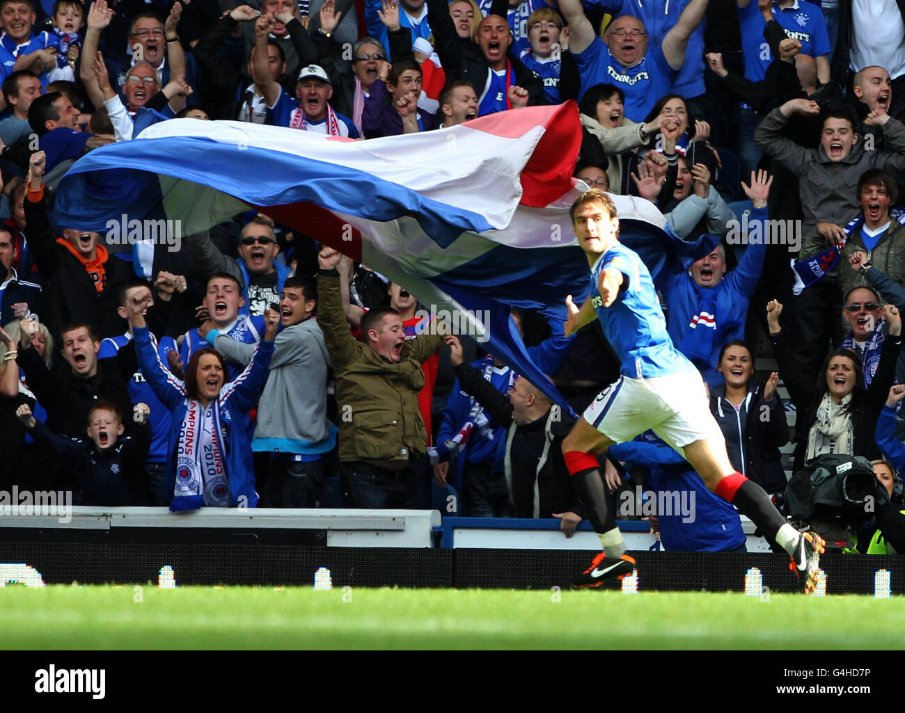Rangers Nikica Jelavic celebrates scoring during the Clydesdale Bank ...