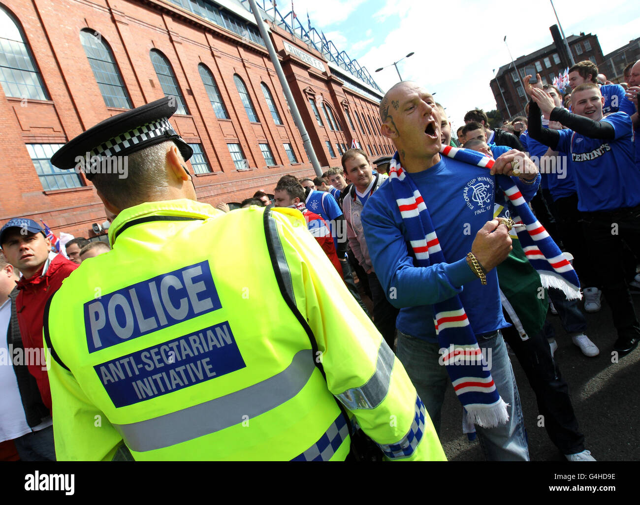 Police watch Rangers fans prior to the Clydesdale Bank Scottish Premier ...