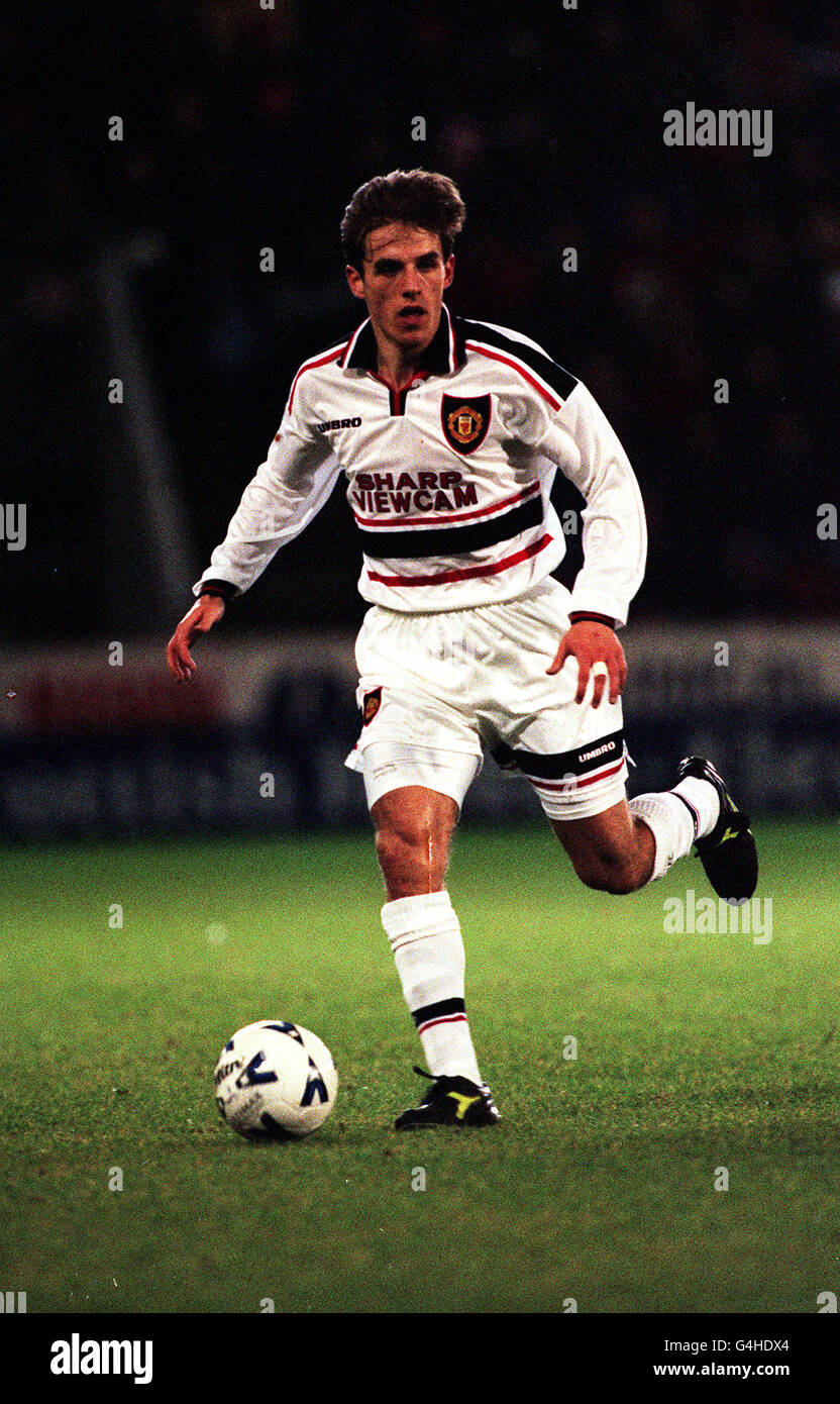 Philip Neville of Manchester United in action at Pittodrie stadium ...