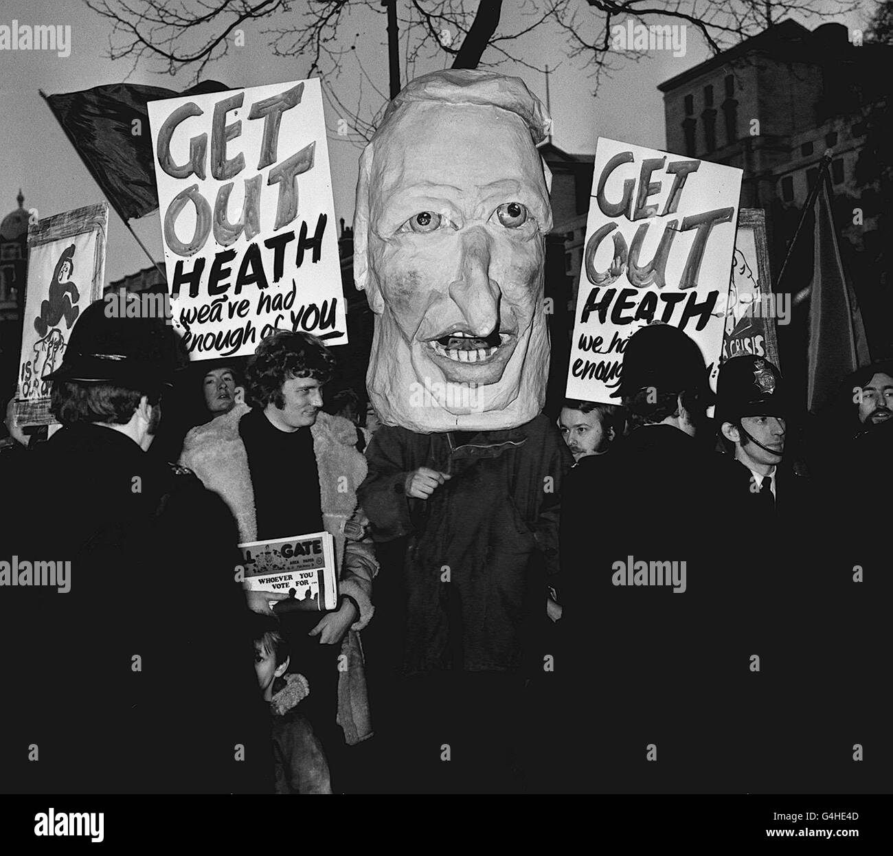 A large caricature head of the Prime Minister Edward Heath and anti ...