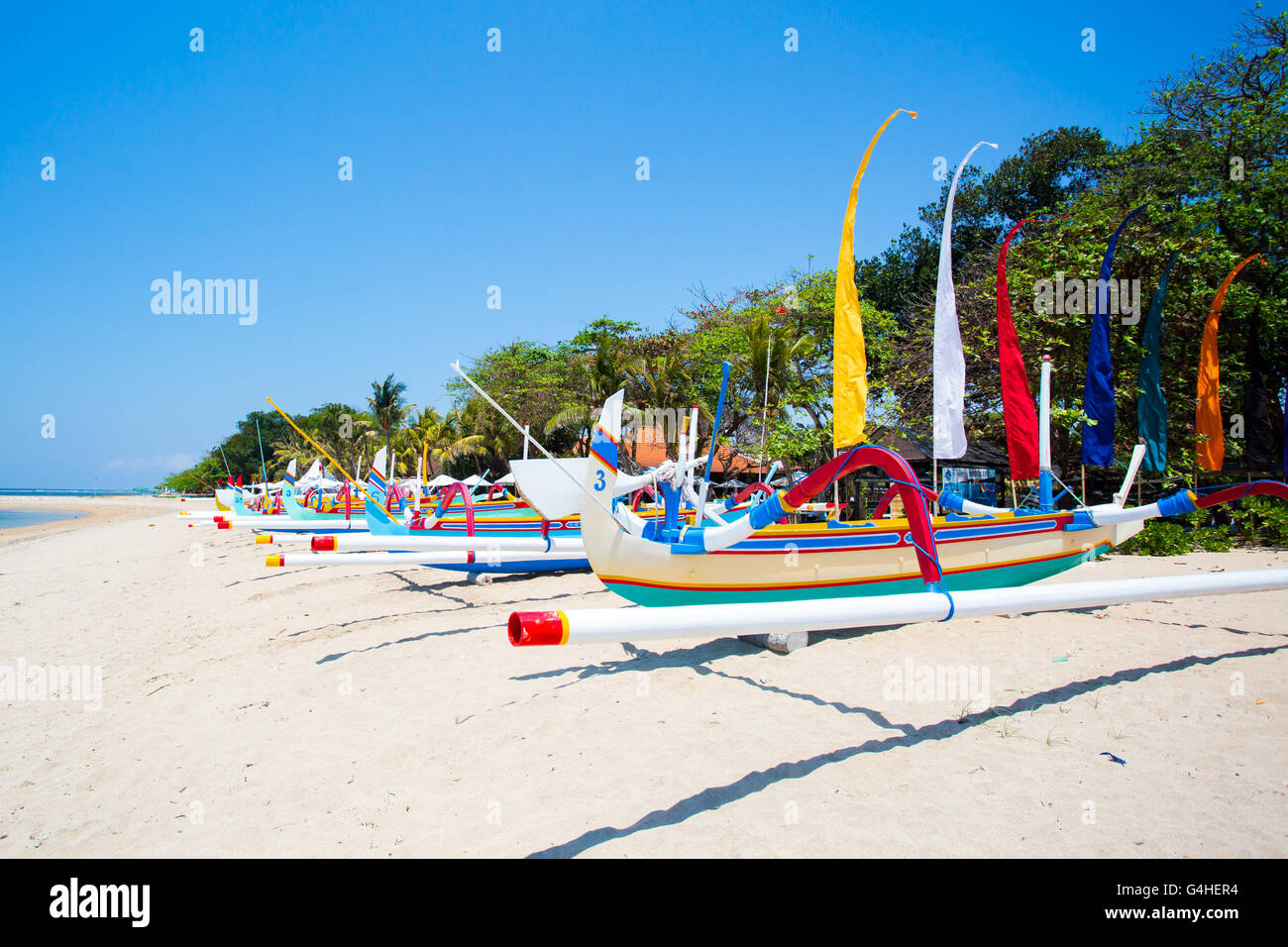 Traditional Balinese boat on a Sanur beach in Bali, Indonesia Stock ...