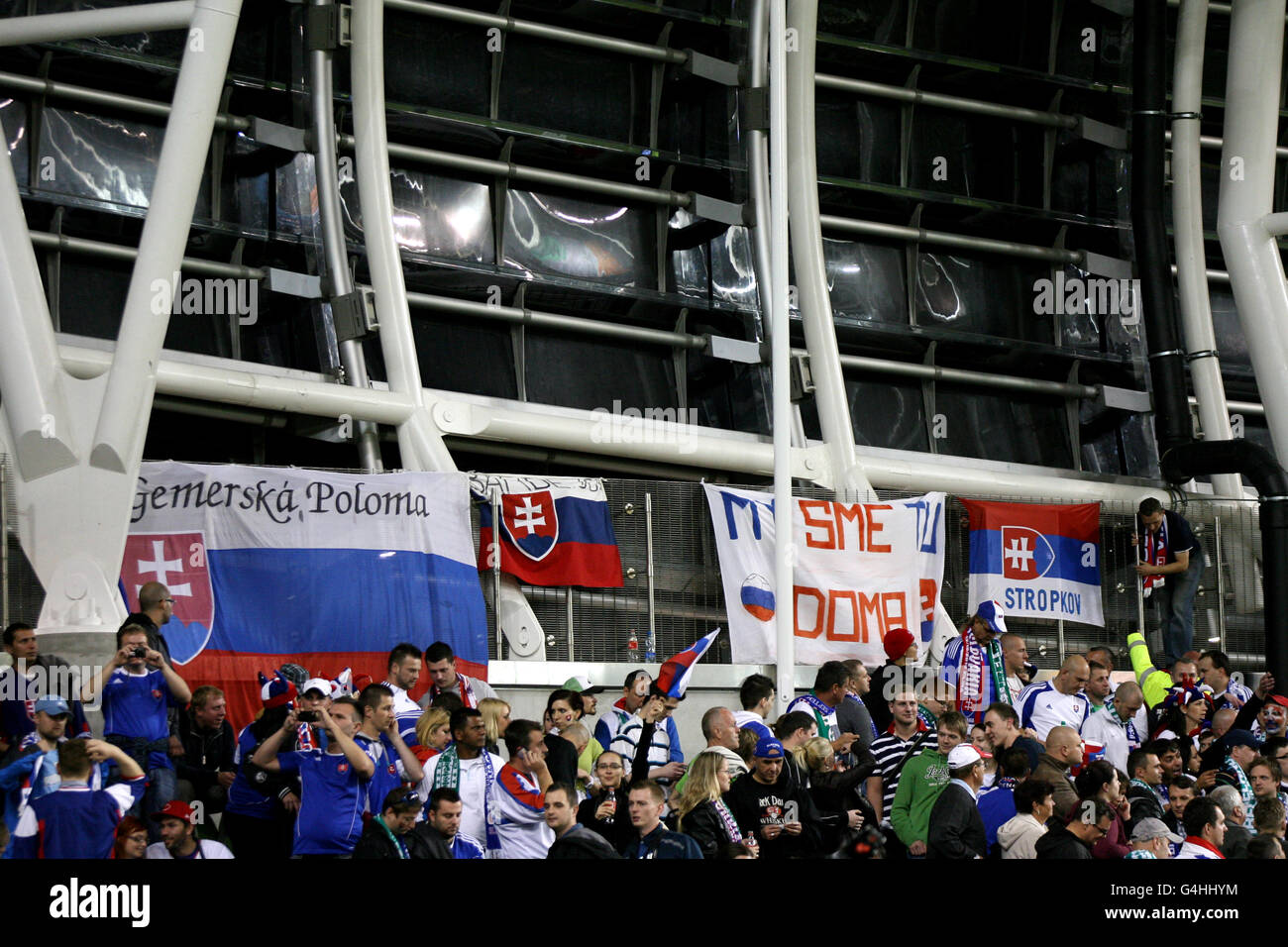 Slovakia fans cheer on their side in the stands hi-res stock ...