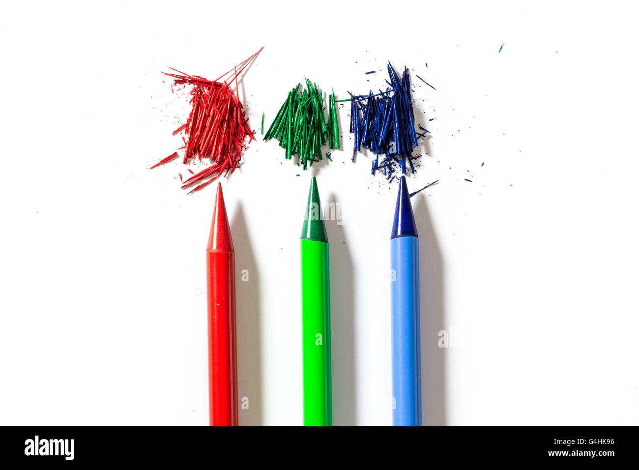 Three colors, Red, Green and Blue. Concept to RGB color system. White ...