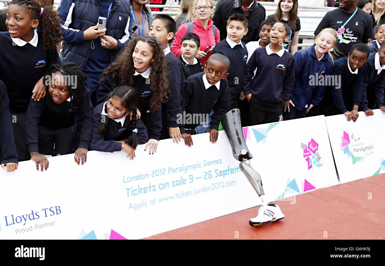A view of a prosthetic leg next to an advert for Paralympics Games ...