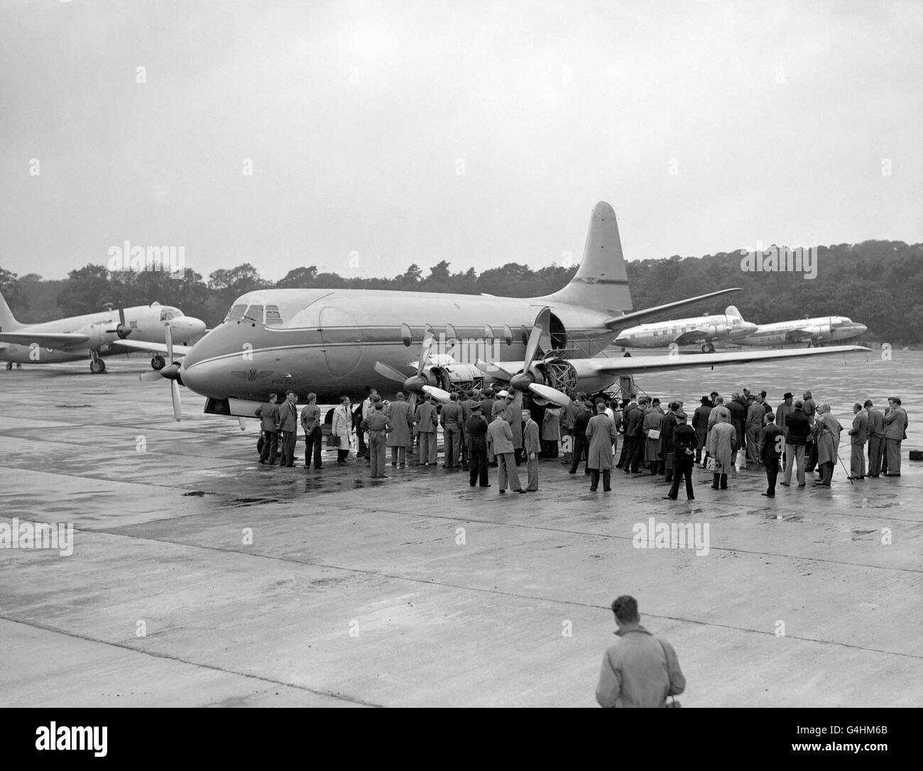 A Vickers Viscount sits on the runway at Weybridge, Surrey, during a ...