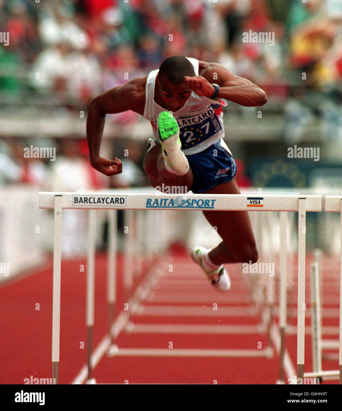 Britains colin jackson competes in the 110m hurdles in helsinki hi-res ...