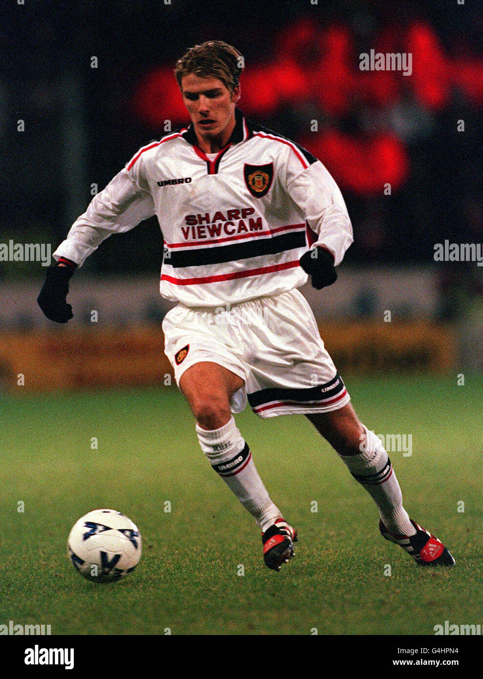 David Beckham of Manchester United in action at Pittodrie stadium ...