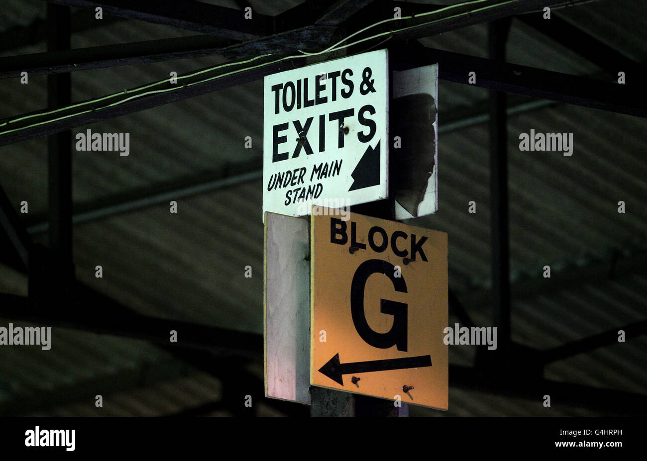A general view of spectator information signs at the Abbey Stadium ...
