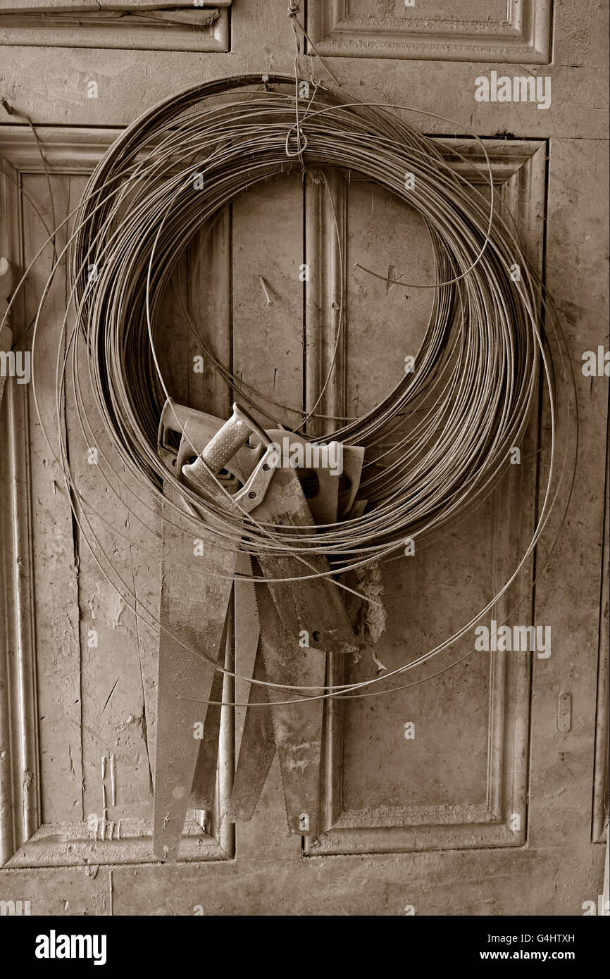 Stonemasons Workshop tools and chains covered in years of fine dust ...