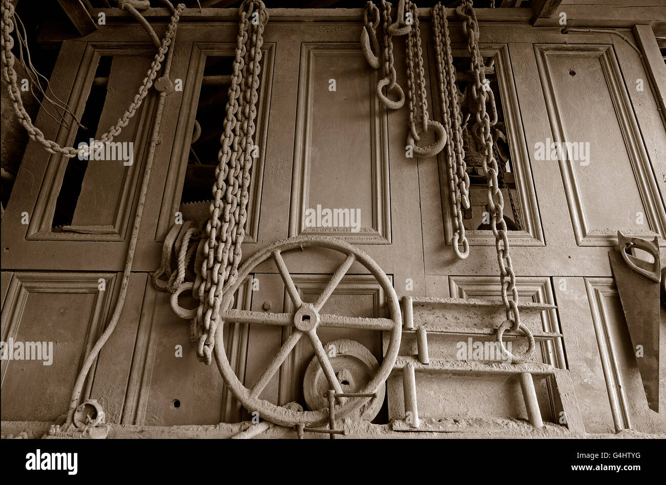 Stonemasons Workshop tools and chains covered in years of fine dust ...
