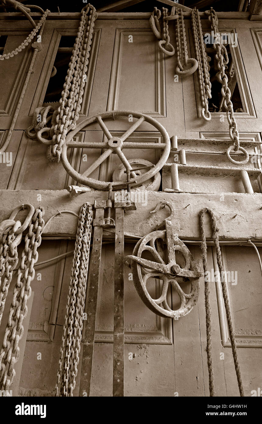 Stonemasons Workshop tools and chains covered in years of fine dust ...