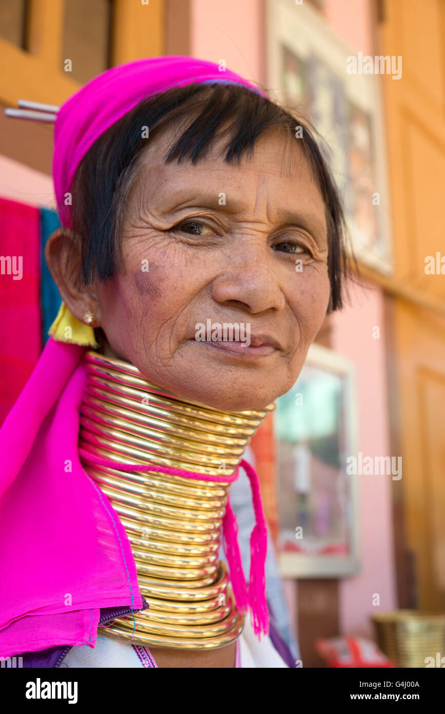 Portrait of a Kayan Lahwi (Padaung) woman with brass coils rings on her ...