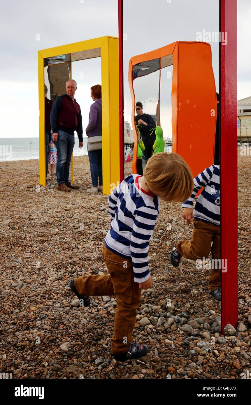 Leo Warren, 3, explores an installation of giant, brightly-coloured and ...