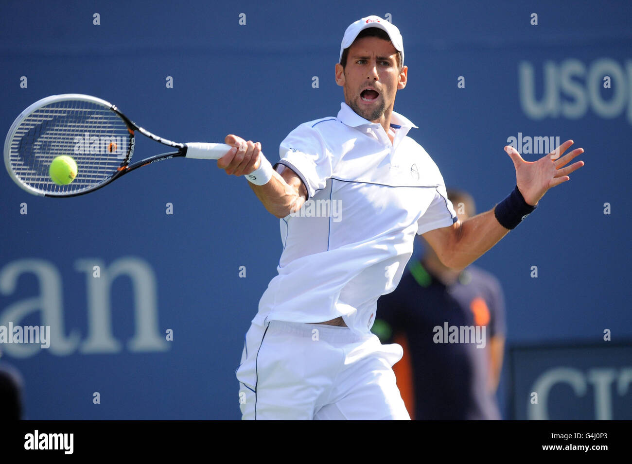 Serbia's Novak Djokovic in action against Spain's Rafael Nadal during day fifteen of the US Open ...
