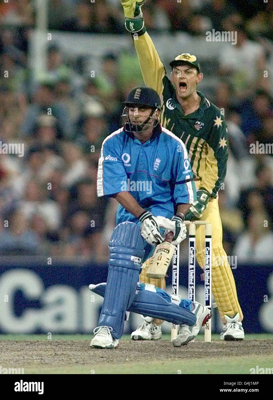England's Adam Hollioake closes his eyes in disbelief as Australian ...