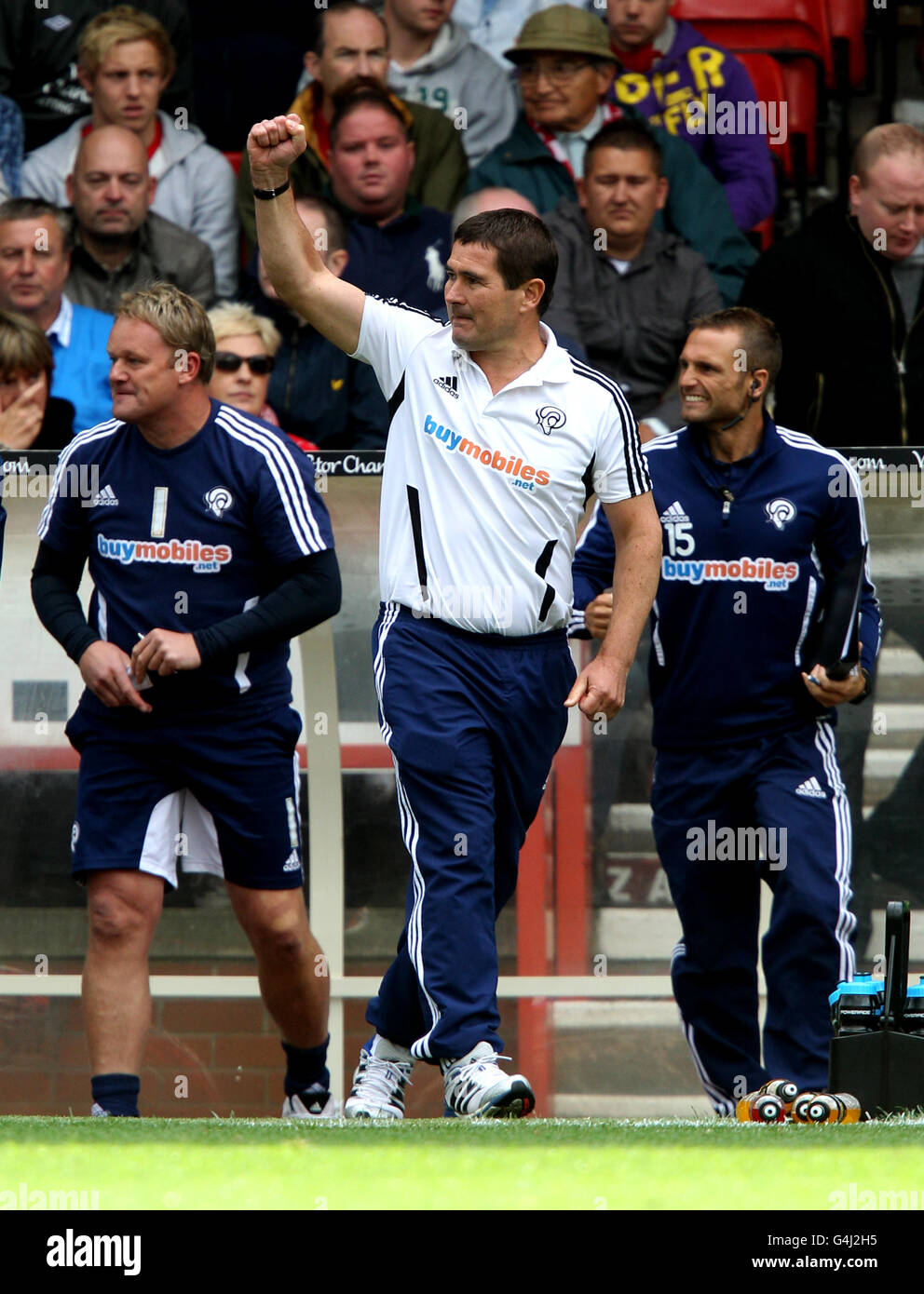 Derby County's manager Nigel Clough celebrates their victory at the ...