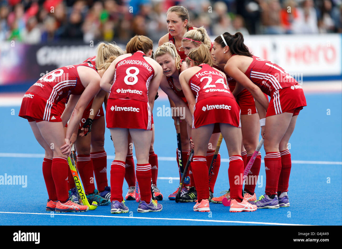 Great Britain team huddle during the pool match between Argentina and ...