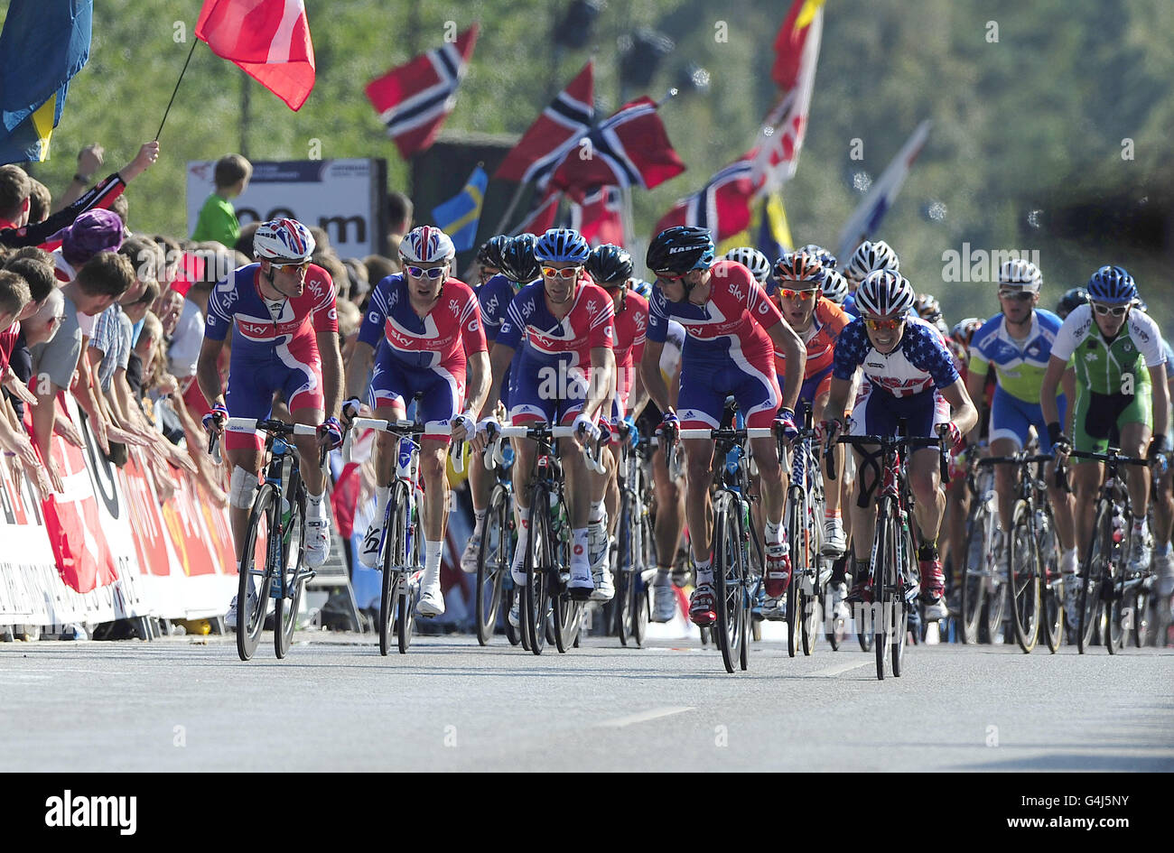 Great Britain's riders lead the pack in the Men's Road Race during Day ...
