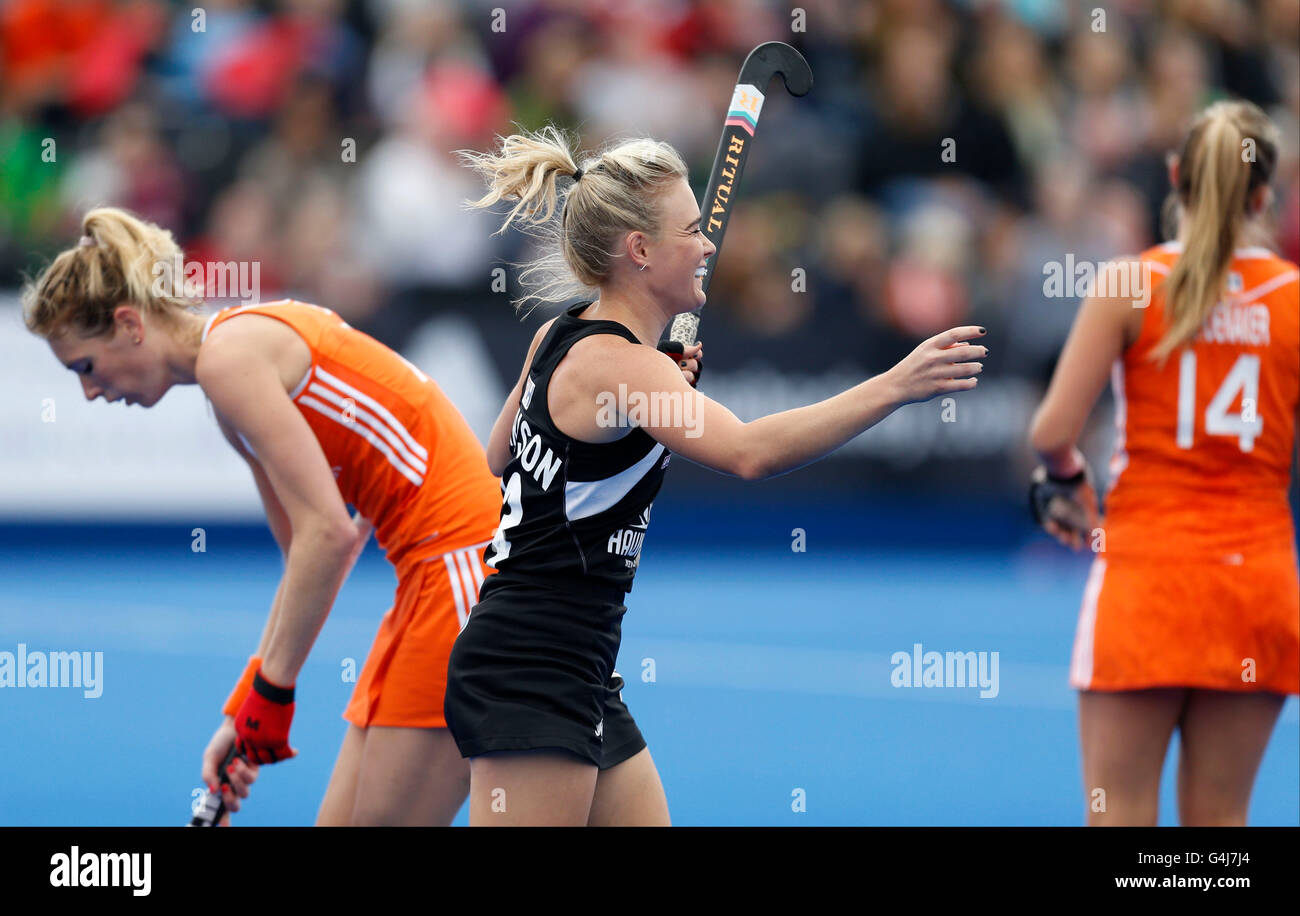New Zealand's Charlotte Harrison celebrates scoring their first goal ...