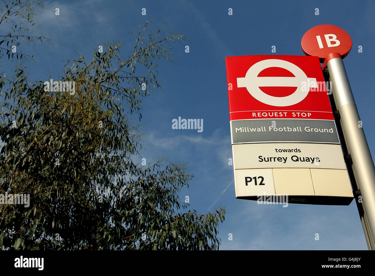 The bus stop sign for Millwall Football Club outside the ground Stock ...