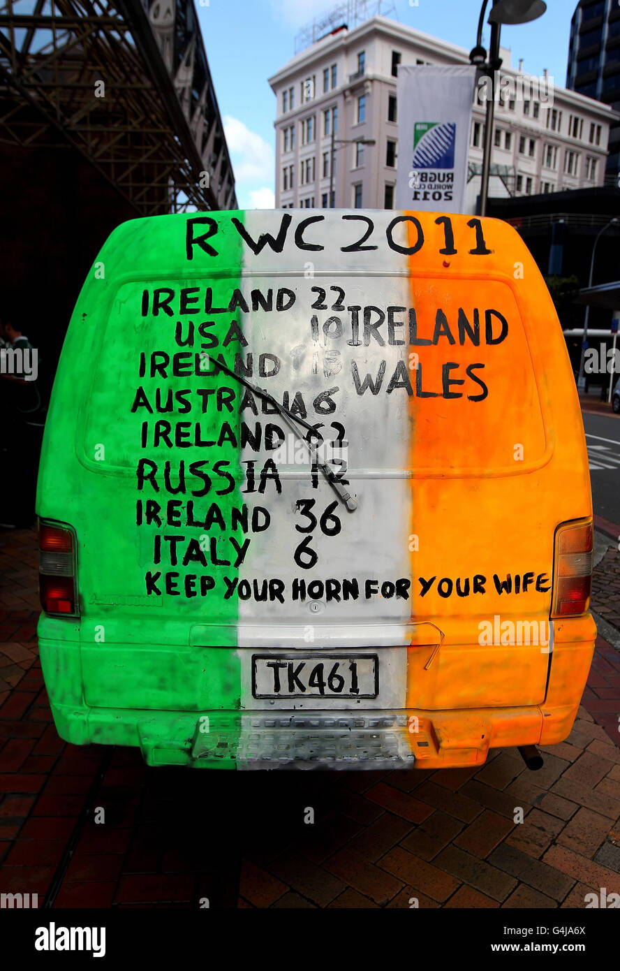 Irish fans van outside the team hotel in wellington hi-res stock ...