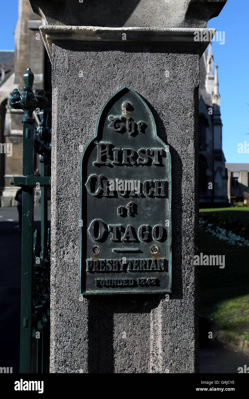Dunedin Views, New Zealand. Detail of the First Church of Otago sign in ...