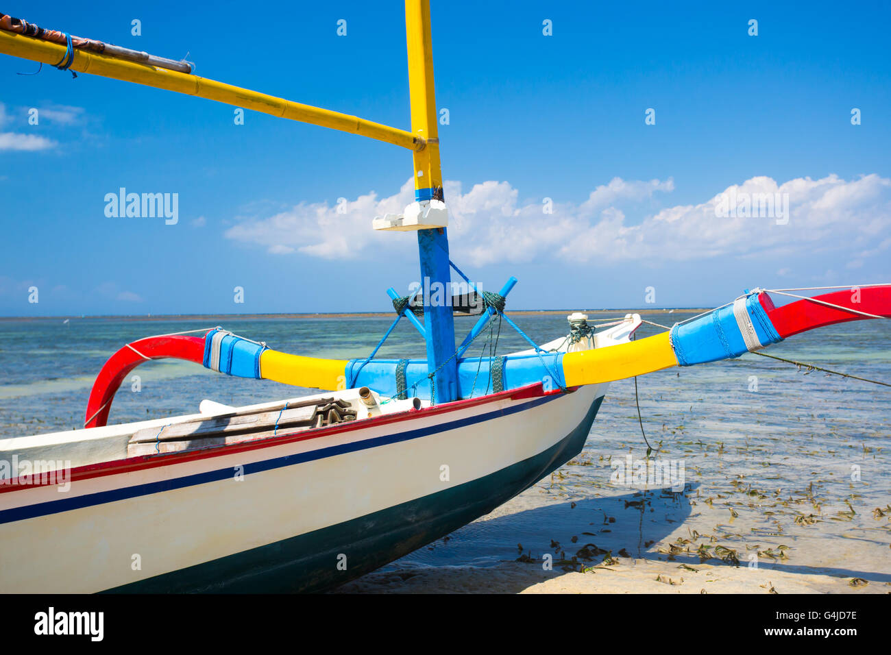 Traditional Balinese boat on a Sanur beach in Bali, Indonesia Stock ...