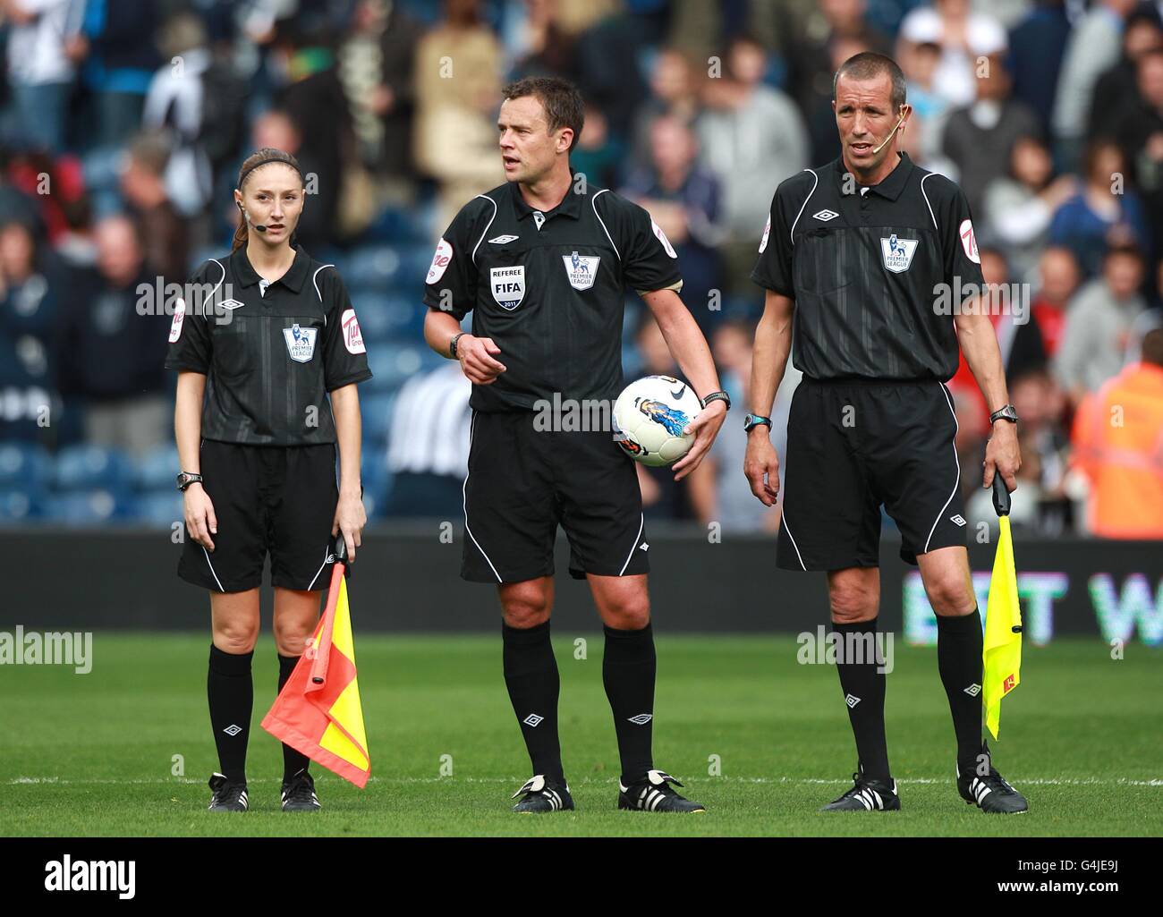 (left-right) Assistant Referee Sian Massey, referee Stuart Attwell and ...