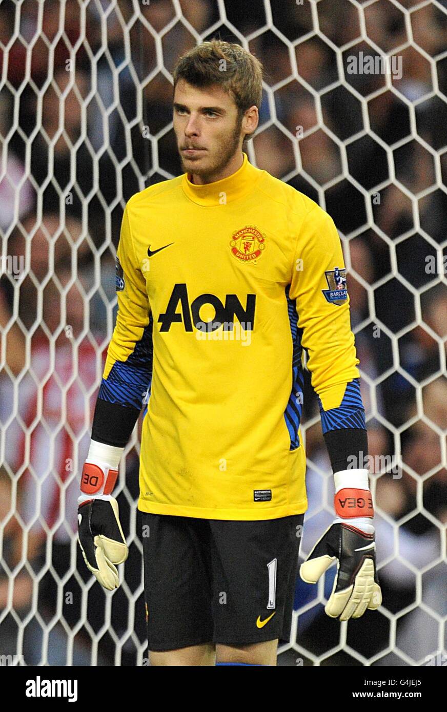 Manchester United goalkeeper David De Gea looks dejected after Stoke ...