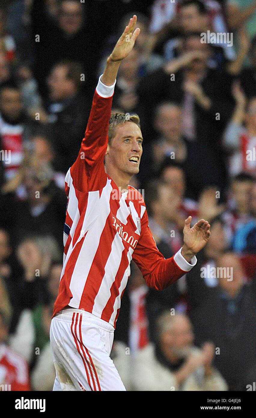 Stoke citys peter crouch celebrates scoring his teams opening goal hi ...