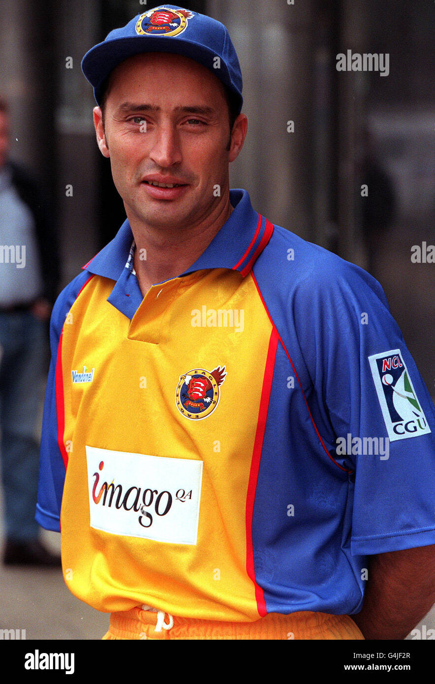 England cricketer Nasser Hussain (Essex) wearing his team's new kit at ...