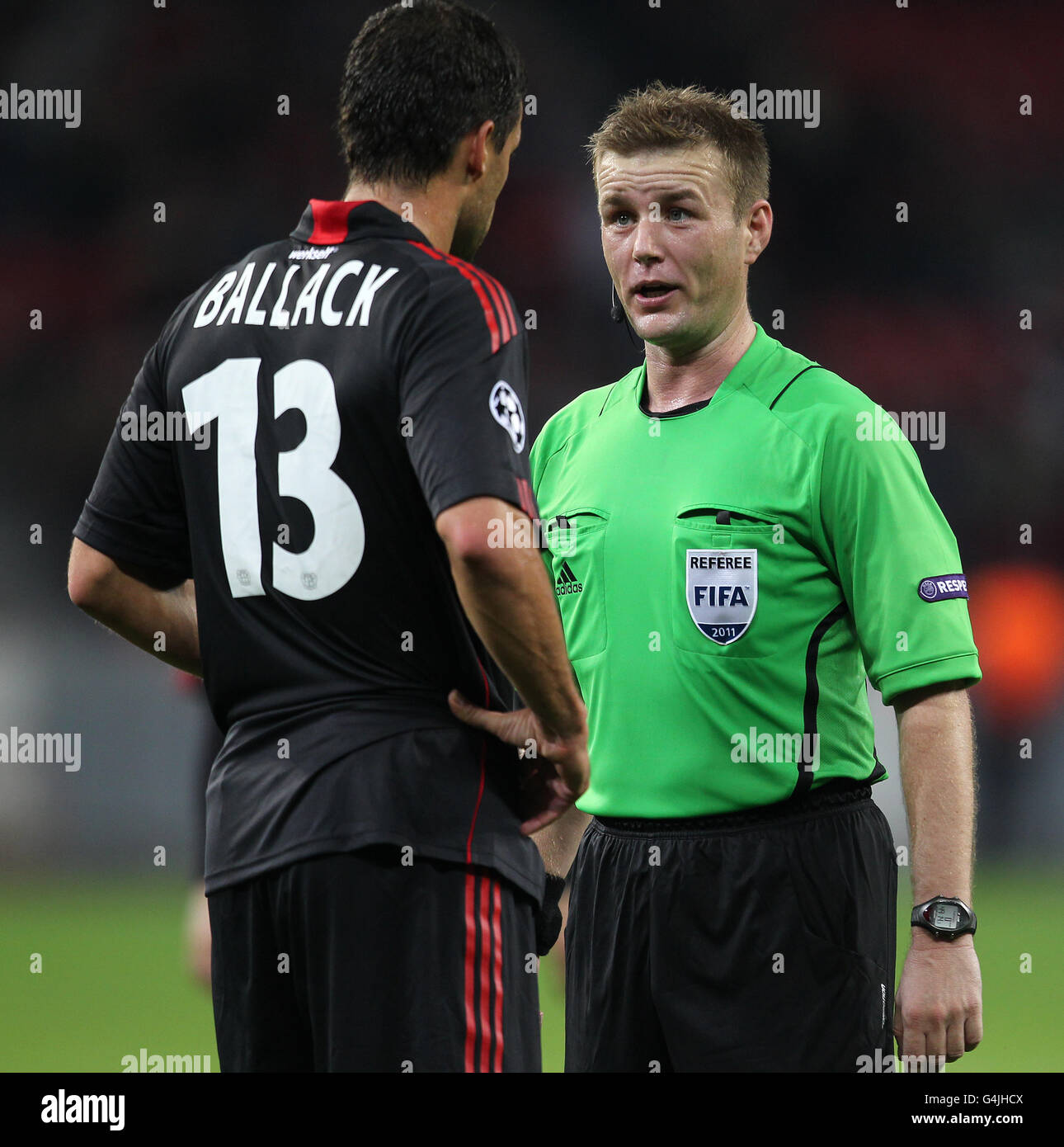 Bayer leverkusens michael ballack joke with irish referee alan kelly hi ...