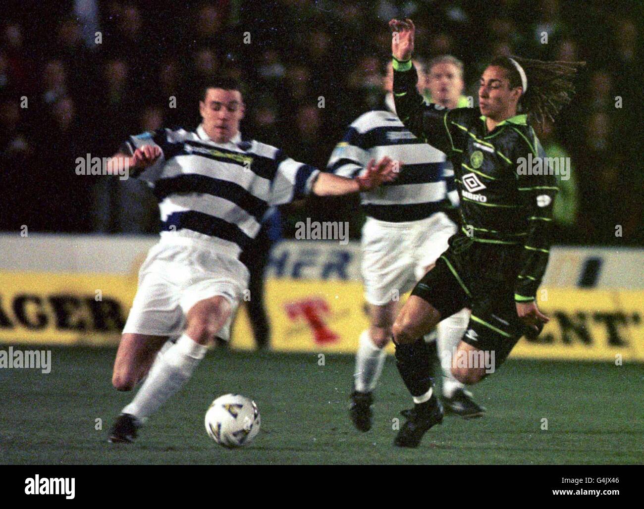 Celtic's Henrik Larrson (right) against Greenock Morton's John Anderson ...
