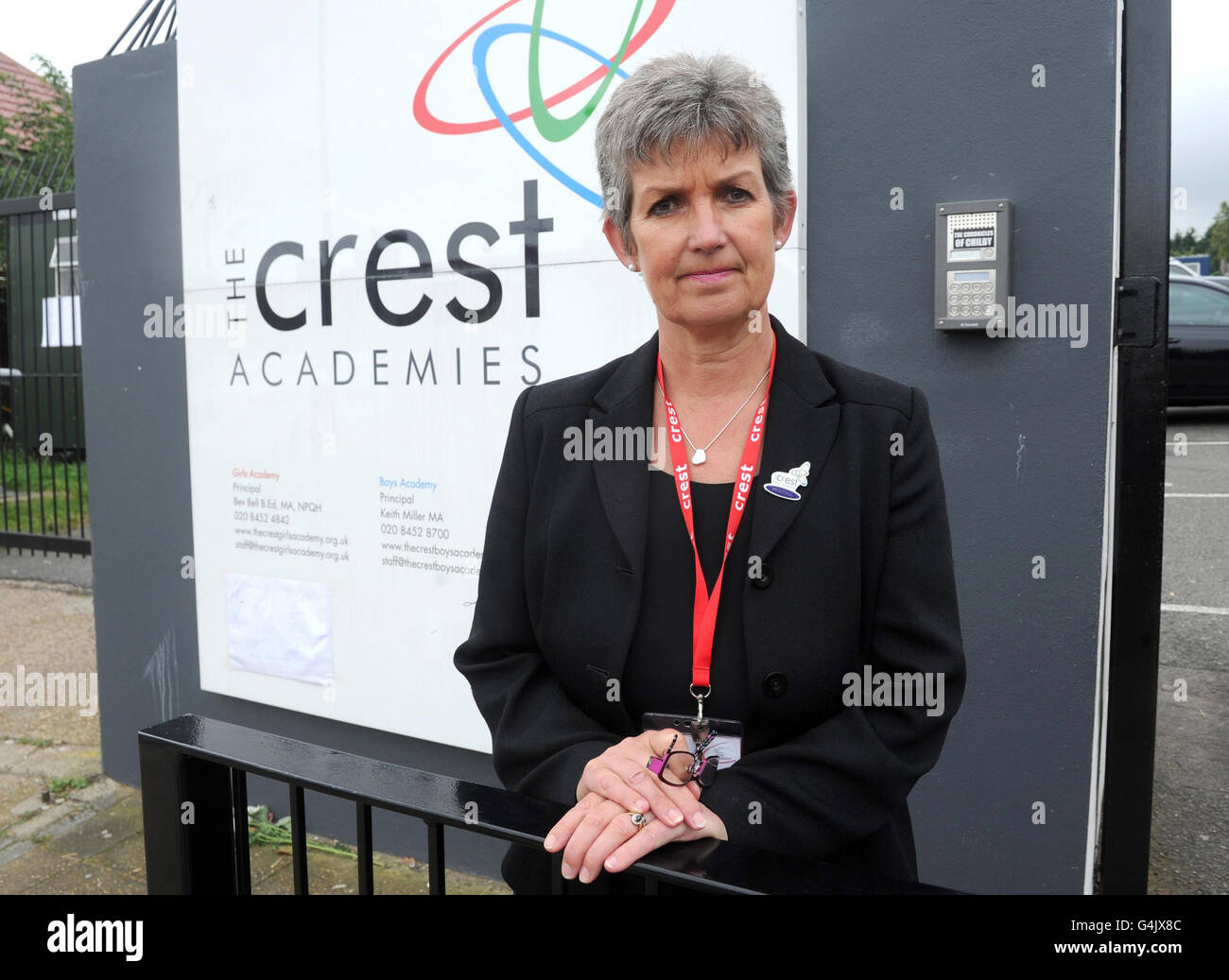 Principal at Crest Academy Bev Bell speaks to media outside the Crest ...