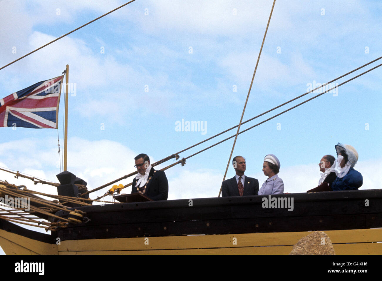 Queen Elizabeth II and the Duke of Edinburgh on board a replica of the brig Amity, which visited ...