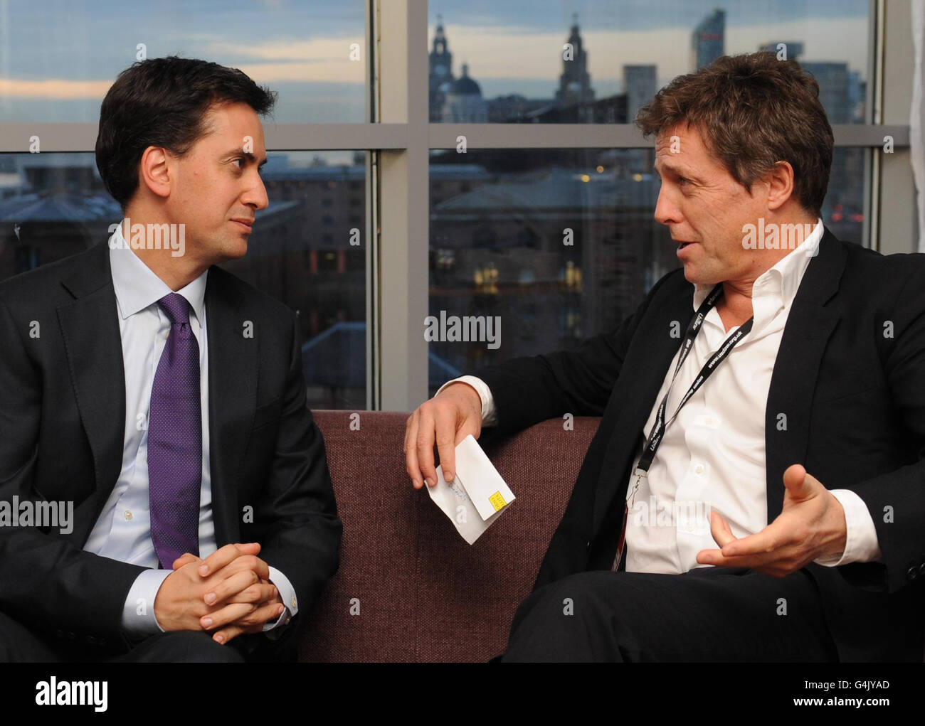Labour leader Ed Miliband (left) meets with actor Hugh Grant at the ...