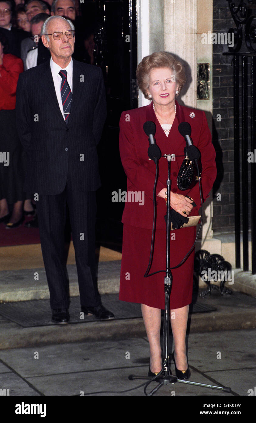 Prime Minister Margaret Thatcher, watched by husband Denis, makes her ...