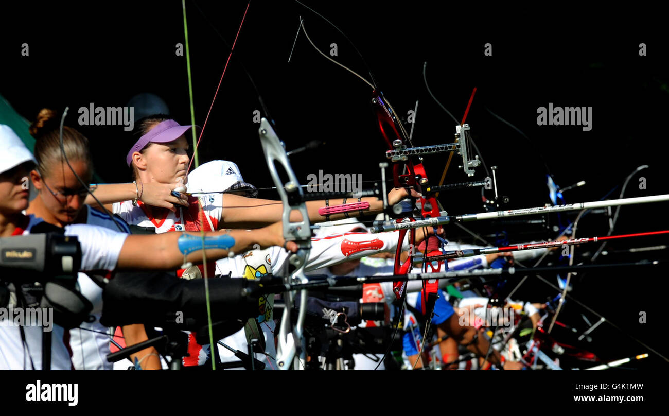 Great Britain's Alison Williamson (purple cap) shoots during the ...