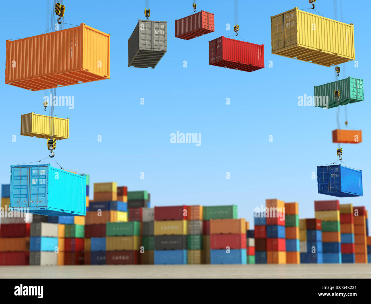 Cargo containers in storage area with forklifts. Delivery or shipping ...