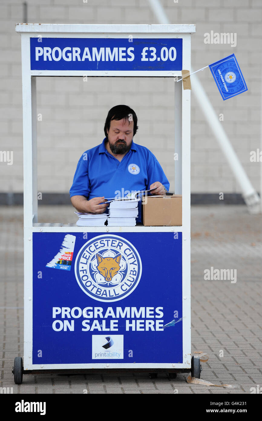 General view of a match-day programme stall at the King Power Stadium ...
